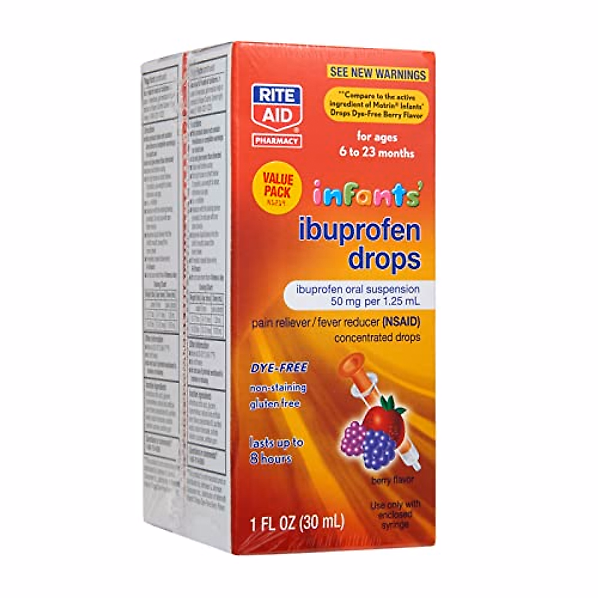 Rite Aid Infants' Dye-Free Ibuprofen Drops, Berry Flavor, 50 mg - 2 Value Pack | Infant Pain Reliever | for Babies Ages 6 to 23 Months | Ibuprofen Oral Suspension 50 mg per 1.25 mL | Gluten Free