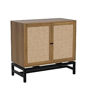LKTART Mid-Century Natural Rattan Buffet Sideboard Storage Cabinet with 2 Doors 1 Adjustable Inner Shelf Storage Cabinet Console Table for Dining Room Bedroom Kitchen Hallway