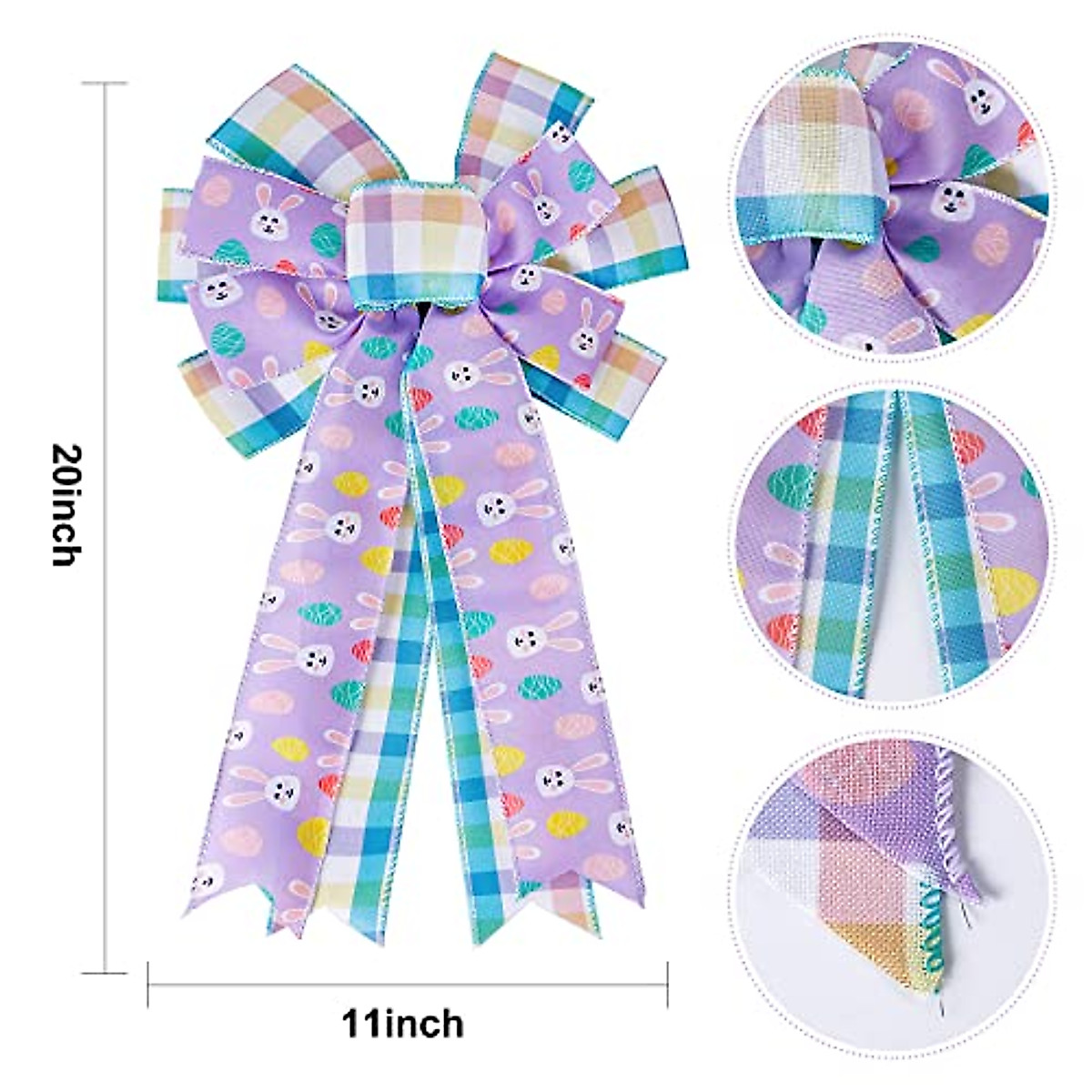 SIMISI RIBBON Easter Large Wreath Bow Burlap Wired Ribbbon Bow with Bunny Eggs Door Ornaments for Easter Day Gift Wrapping Party Decorations, 11x17.7 inch