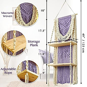 STAHMFOVER Boho Macrame Shelf for Room Decor Spring,2-Tier Wall Hanging Shelf Woven Floating Shelves,Handmade Rope Macrame Indoor Plants Hanger,Home Storage & Organizer (Purple)