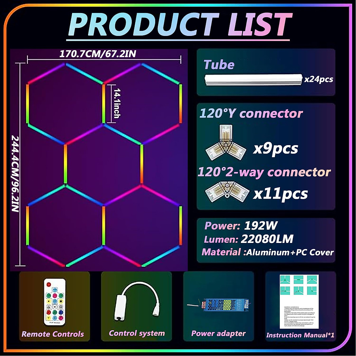 lylunnamsp Hexagon Garage Lights Ceiling LED, Honeycomb Lights, RGB Hexagon Garage Light with Remote, 6500K, Aluminum Hexagonal Shop Lights for Gaming Room Bar Party Live Room,Multi Colored,5 HEX