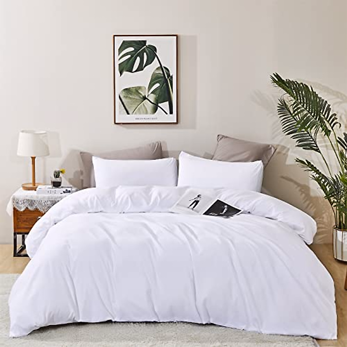 Wellboo White Comforter Sets Queen Plain White Bedding Comforters Cotton Solid White Bed Quilts Queen Size Cozy Women Men All White Minimalist Bedding Full Adults Teens Pure White Durable Blankets