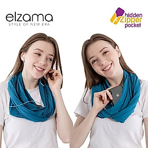 elzama Infinity Loop Solid Color Scarf With Hidden Zipper Pocket For Women - Lightweight Travel Neck Wrap