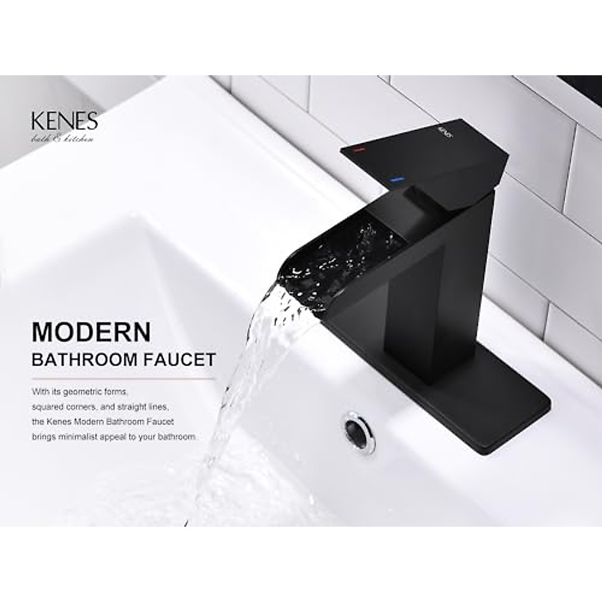 KENES Matte Black Waterfall Bathroom Faucet, Single Handle Black Bathroom Sink Faucet with Faucet Escutcheons, Pop Up Drain Stopper & Lead-Free Water Supply Lines LJ-9035-2