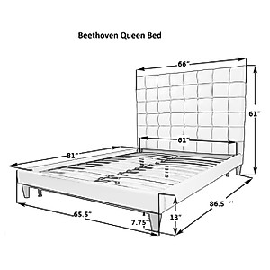 Iconic Home Beethoven Bed Frame with Headboard Velvet Upholstered Button Tufted Tapered Birch Legs Modern Transitional, Queen, Grey
