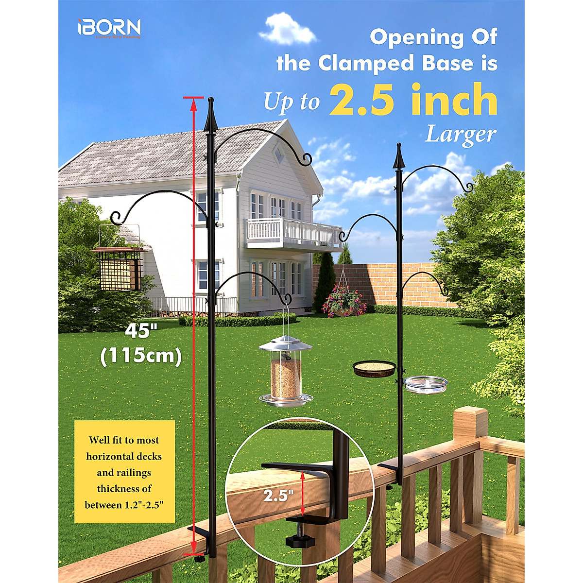 iBorn Shepherds Hooks for Outdoor Clamp On Deck Hook for Bird Feeder 45 Inch Bird Feeder Hangers for Deck Railing Humming Bird Feeders Hanging Tri-Hooks 2024 New (Feeders are Not Included)