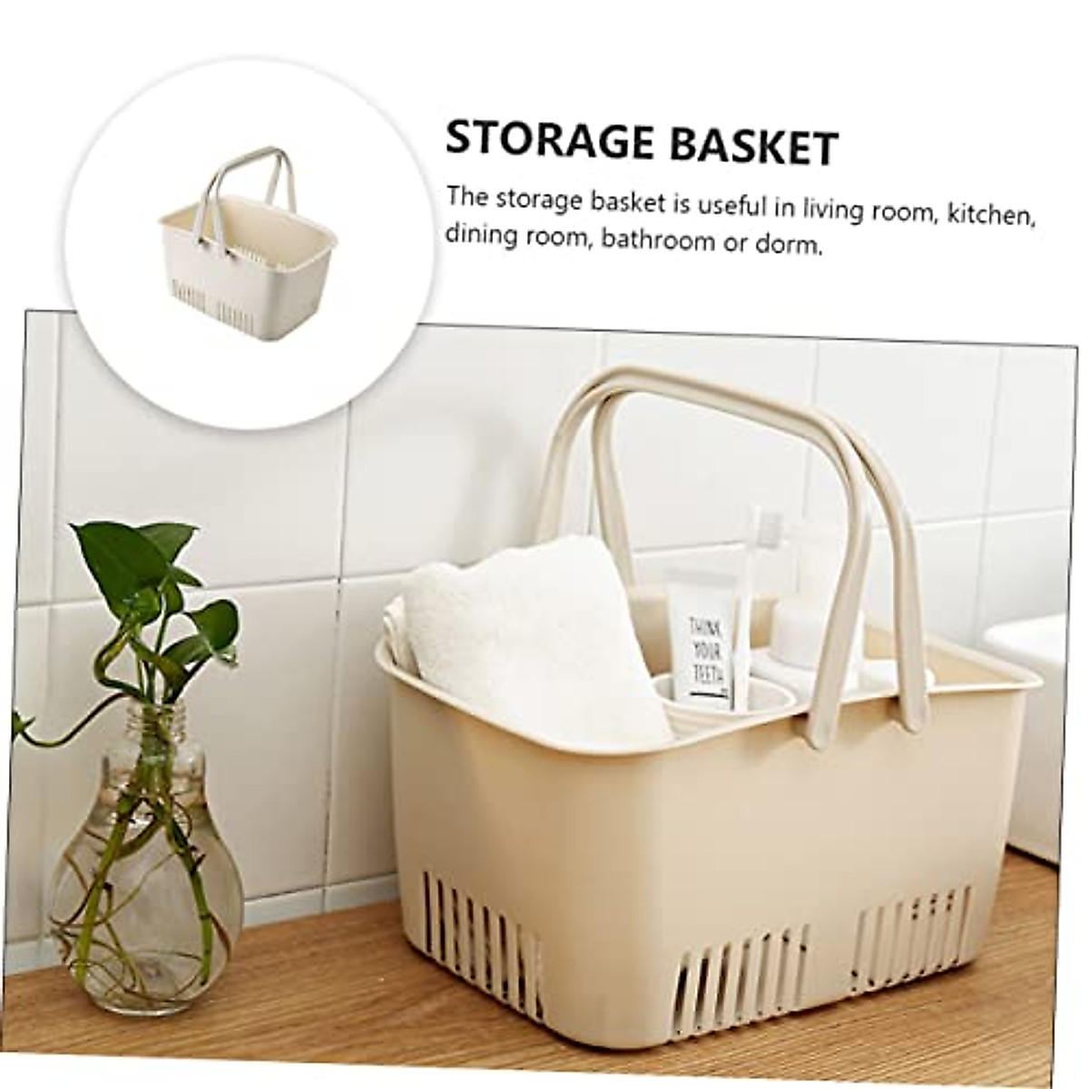 Levemolo Holder Container Tote Caddy Shower Storage Organizer Bathroom Serving Hollow Bath Plastic Food Handle with Sundries Household Toiletries Bathing Tray Basket Handheld Beige Fruit