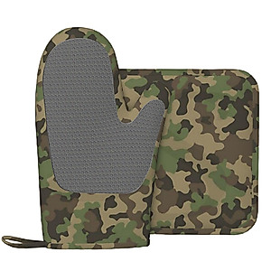 Green Camo Silicone Oven Mitts Pot Holder Sets 2pcs Cute Design Washable Non Slip Kitchen Heat Resistant Mat Women's Cooking Gloves for Baking and BBQ Wear