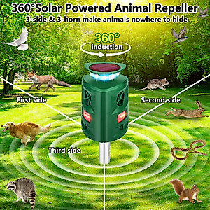 Solar Animal Repeller, 360°Ultrasonic Animal Repeller, Cat Repellent Outdoor, Dog Repellent, Motion Sensor & Flashing Light, Repel Dogs, Deer, Fox, Raccoon, Skunk, Rabbit, Squirrels, Coyote Deterrent