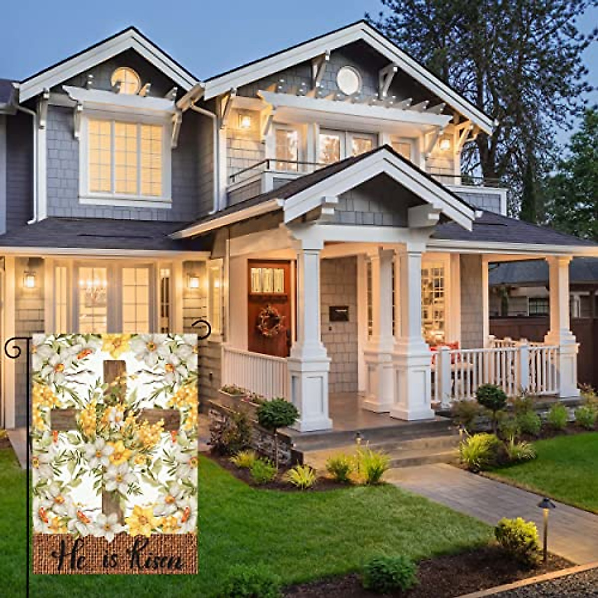 Linen He Is Risen Spring Easter Garden Flag Double Sided Welcome Farmhouse Yard Outdoor Decoration Cross Daffodil Flower Garden Flag Yard 12.5" X 18"