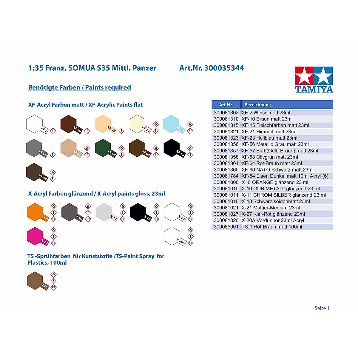 Tamiya 300035344 – 1:35 French SOMUA S35 Medium Tank, Faithful Replica, Plastic, Crafts, Model kit, Assembly, unpainted