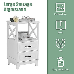 Nightstand with 2 Storage Drawers, Tall End Table with Wooden X-Design for Bedroom,Living Room White