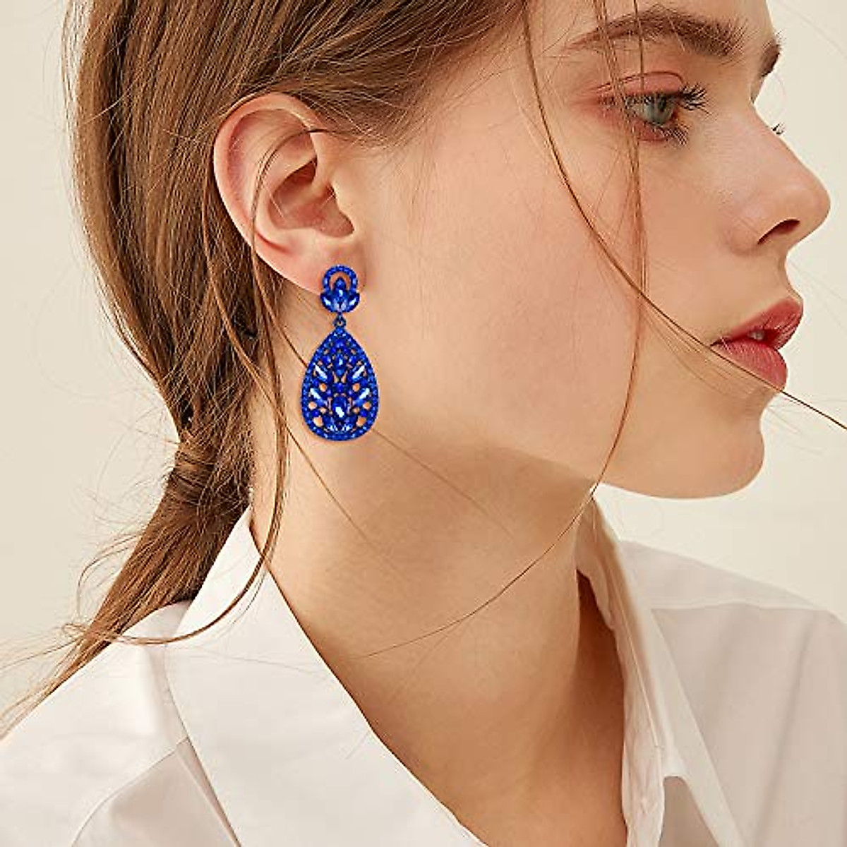 EleQueen Women's Wedding Bridal Austrian Crystal Bohemia Teardrop Chandelier Dangle Earrings Royal Blue Color Blue-Tone
