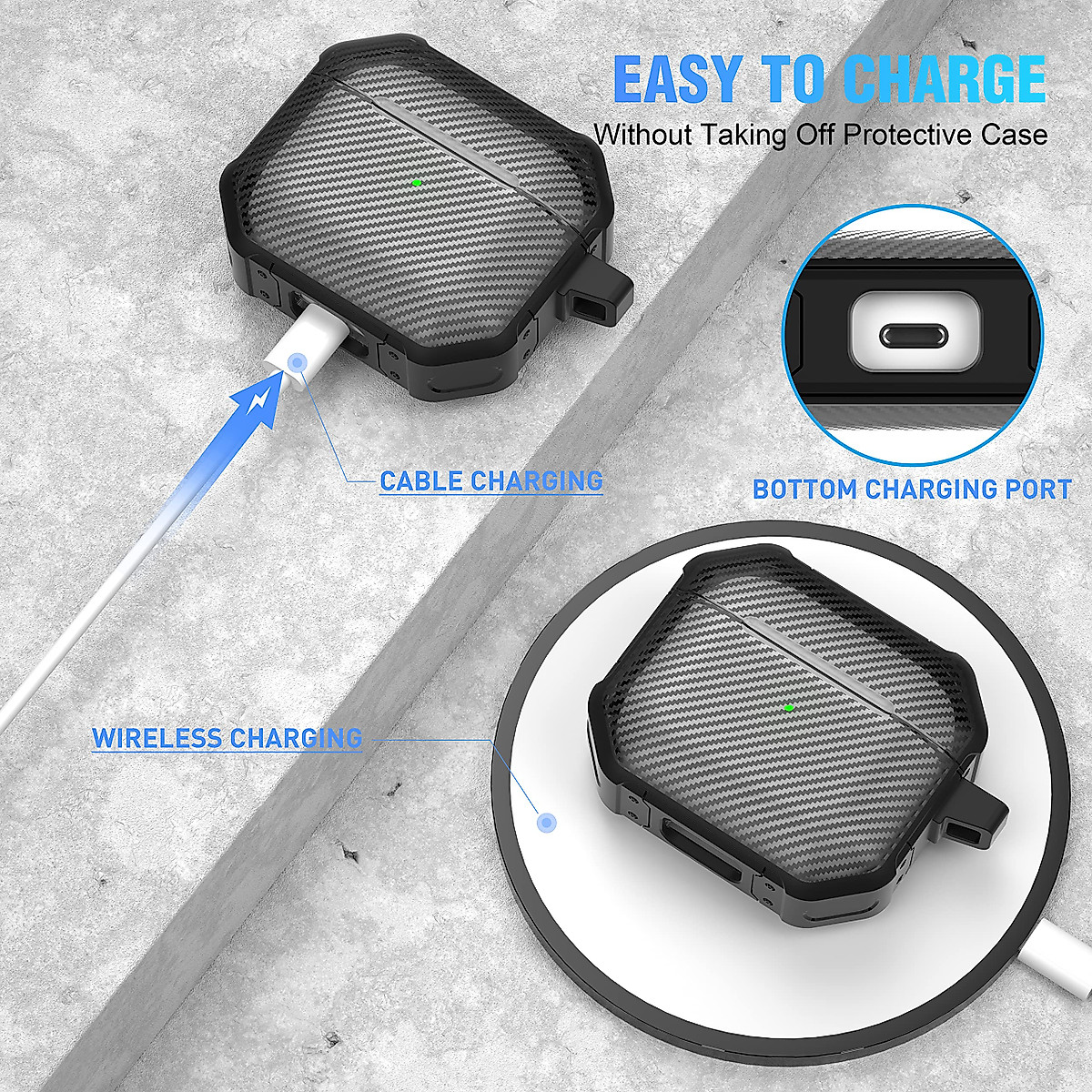 Maxjoy for Airpods 3 Case Cover, Airpods 3 Protective Case Gen 3 Translucent Carbon Fiber Hard Shell Rugged Shockproof Cover with Keychain Compatible with Apple Airpods 3rd Generation 2021, Black