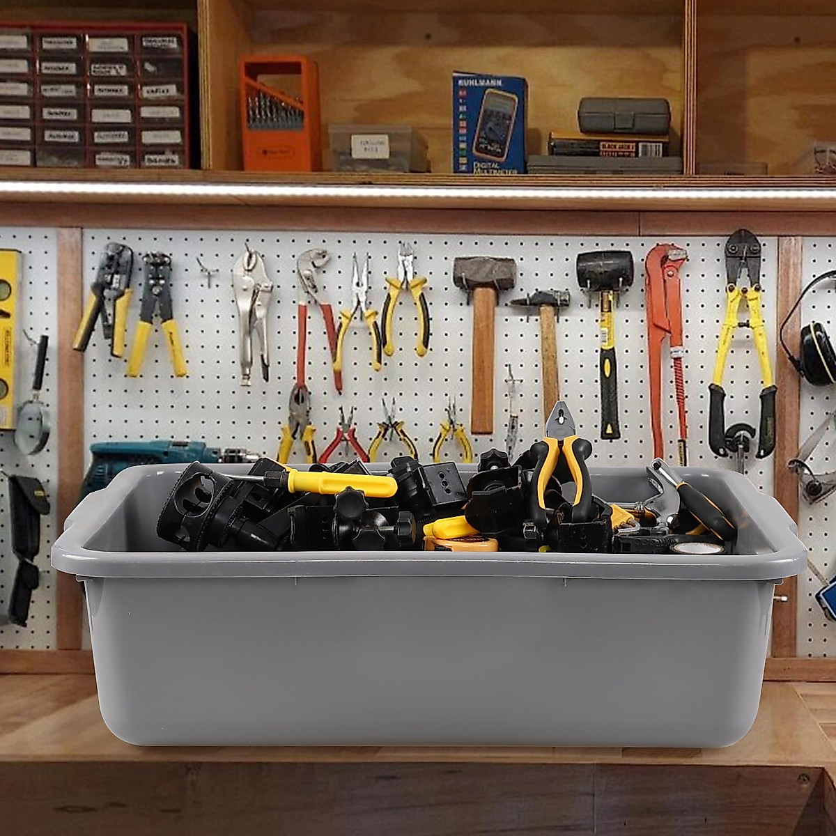 Guankan 32 L Plastic Commercial Bus Tub, 4 Pack Large Multi-use Bus Tote Box, Gray