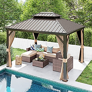 Patiorama 10’ x 12’ Hardtop Gazebo, Outdoor Aluminum Gazebo with Galvanized Steel Double Vented Roof Canopy, W/Shaded Curtains and Netting, Pergola for Patio, Garden, Yard, Lawn,Party, BBQ (Brown)