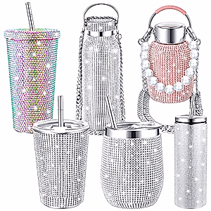 6 Pieces Bling Cup Glitter Rhinestone Water Bottle Insulated Studded Bling Tumbler Refillable Diamond Stainless Steel Thermal Bottle with Chain Lids Straws for Wine Coffee, 12 oz, 17 oz, 20 oz, 25 oz