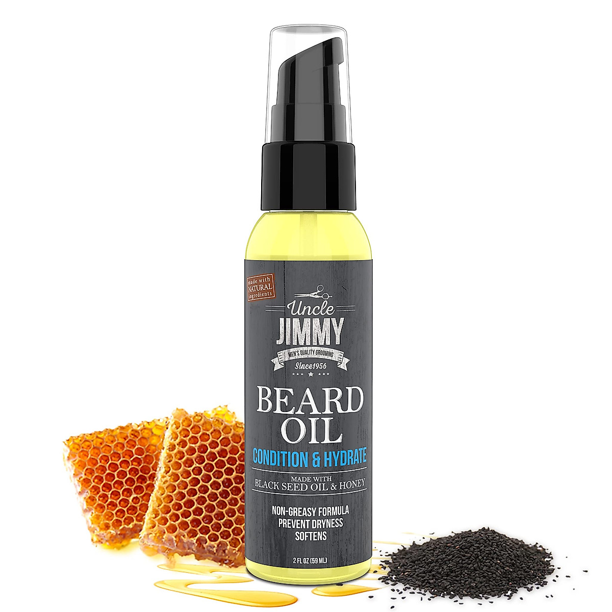 Uncle Jimmy Beard Oil, Restores Moisture, Softens and Reduces Beard Itch for Facial Hair of All Lengths, Made with Black Seed Oil & Honey 2oz (T108)