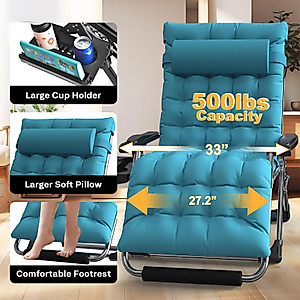 Slendor Oversized Zero Gravity Chairs XXL, 33IN Padded Zero Gravity Lounge Chair, Folding Reclining Patio Chair Lawn Recliner w/Aluminum Alloy Lock, Headrest, Cup Holder, Support 500lbs, Light Blue