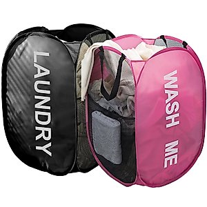 Larpur Pop Up Laundry Baskets, 2 Pack Mesh Laundry Hampers Collapsible Clothes Hampers for Home, Dorm, Travel (Black + Pink)