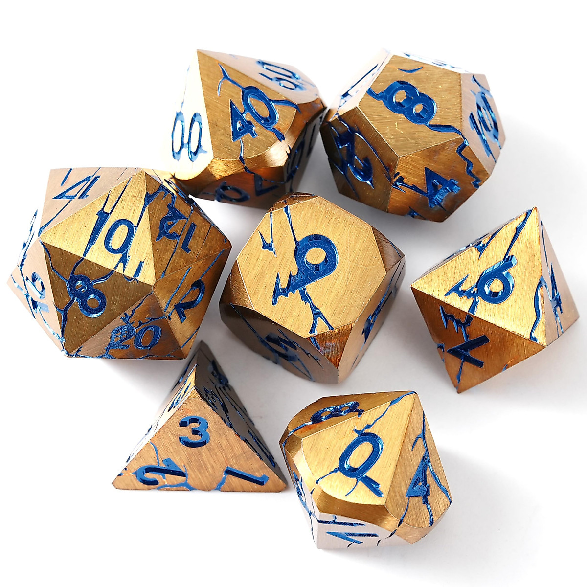 DND Metal Dice - Pharaoh Ruins Gold with Blue Cracks - Polyhedral Dice Set for D&D, RPG and More - Beautifully Detailed for Dungeons and Dragons