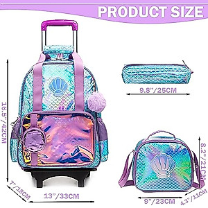 Meetbelify Girls Rolling Backpack with Wheels Kids Mermaid Luggage Travel Suitcase for Girls Elementary Student 6-8 Years Old