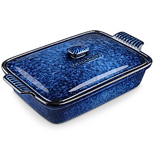 vancasso Starry 3.8 Quart Casserole Baking Dish, large lasagna pan with lid, 9x13 inch Stoneware casserole with lid, Microwave, Dishwasher Safe, Blue