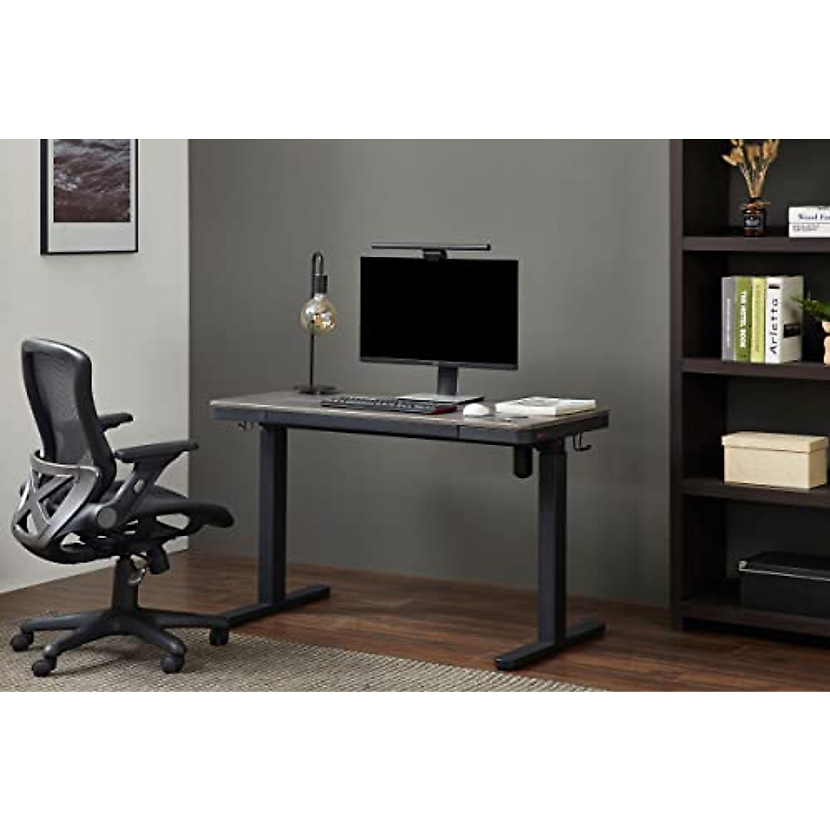 kowo Electric Standing Desk with Drawers Integrated Wireless Charger, 48" Adjustable Height Whole Piece Desktop Home Office Computer Desk, Grey Oak/Black