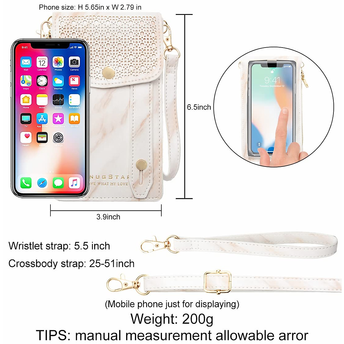 SNUG STAR Multi-purpose Card Holder Wallet-RFID Blocking,Lightweight Zipper Pocket Crossbody Bag with Touch Screen Purse for Most iphone Cell phones (Marble white)