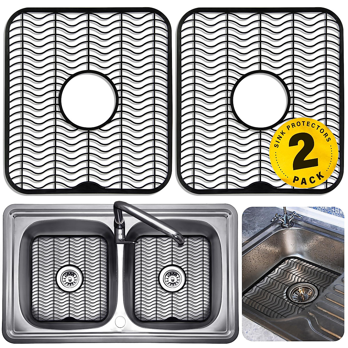 DecorRack 2 Black Sink Protectors for Kitchen Sink, 12" x 11" Dish Rack, Protect Sink from Stains, Damage, Scratches, Dishwasher Safe Sink Grid, Sink Mat, for Kitchen (2 Pack, Black)