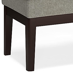 SIMPLIHOME Carlson Ottoman Bench in Greige, 15"H x 26.4"W x 17.5"D, Solid Pine Wood Frame with Dark Walnut Legs, Compact Seating for Living Room