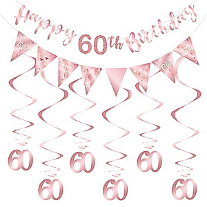 60th Birthday Decoration Kit for Women, Happy 60th Birthday Banner Bunting Swirls Streamers, Triangle Flag Banner for Birthday Party Decorations Supplies Rose Gold 60th
