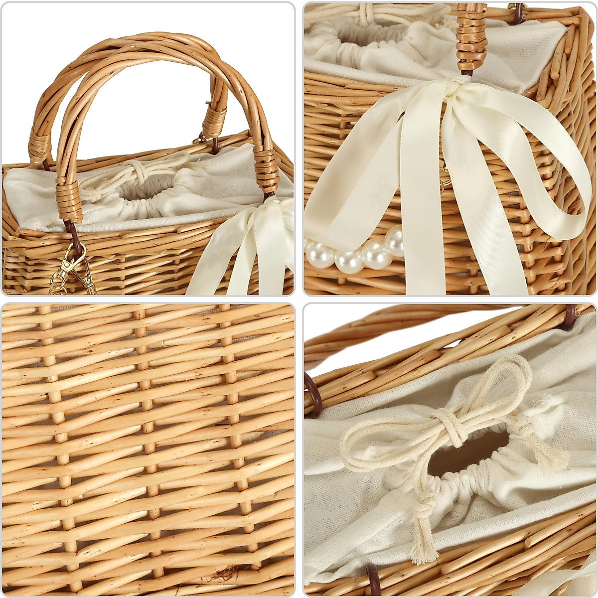 So'each Women's Handmade Rattan Wicker Artificial Pearl Shoulder Bag Beige