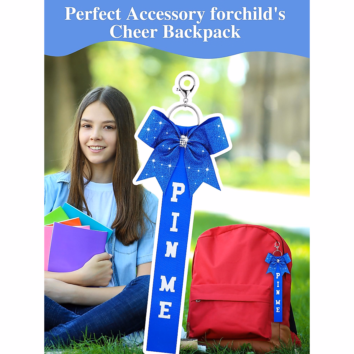 Landical 24 Pcs Cheer Pin Me Ribbon Cheer Keychain Cheer Ribbon Pins with Rhinestones Bow for Cheerleader Bag Backpack (Blue)