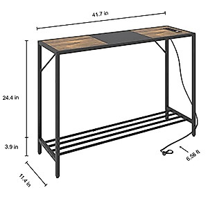 Console Table With Power Outlets and USB Ports, 41.7" Industrial Entryway Table with Shelf , Narrow Sofa Table for Hallway, Corridor, Foyer, Living Room, Wood Look Metal Frame - Rustic Brown and Black