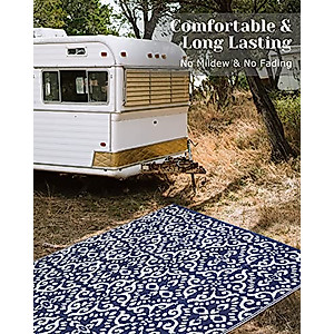 HOMEIDEAS Outdoor Rug, Waterproof Patio Plastic Straw Rugs, RV Reversible Camping Mat, Portable Area Rugs for Outdoors, Camping, Picnic, Beach, Backyard, Deck, Trailer, Navy Blue & White, 5' x 8'