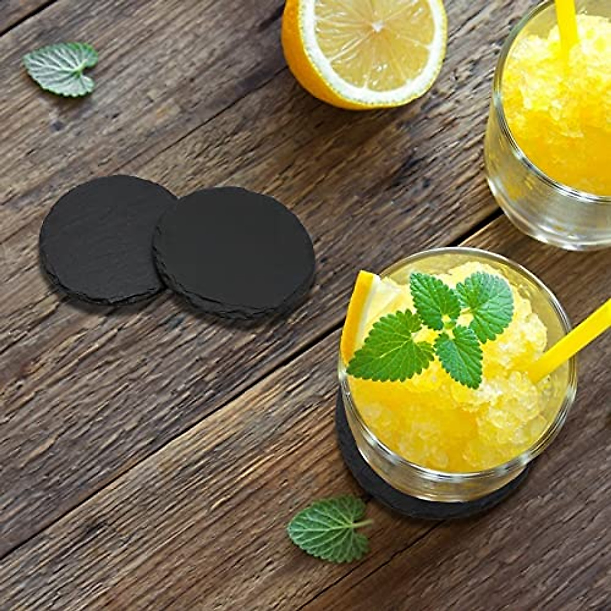12 PCS Round Slate Drink Coasters Set, SIJDIEE 4 Inch Black Slate Stone Coasters with Anti-Scratch Bottom and Coaster Holder for Office Bar Kitchen Home Dinner Table Decor Supplies