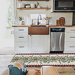 Kitchen Mat Rug 1 PCS Christmas Bird Poinsettia Pine Cone Red Plaid Linen Runner Rug Anti-Fatigue Comfort Memory Foam Standing Mat Non-Slip Floor Door Mat for Bathroom Bedroom 24x71in