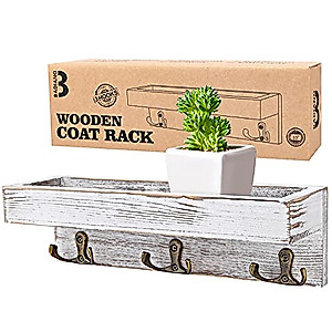 Entryway Floating Shelf Wall Mounted, Wood Key Holder Decorative, Rustic Mail and Wallet Organizer with Vintage Hooks, Small Wooden Hanger for Hanging Coat and Leash (White,3 Hooks)