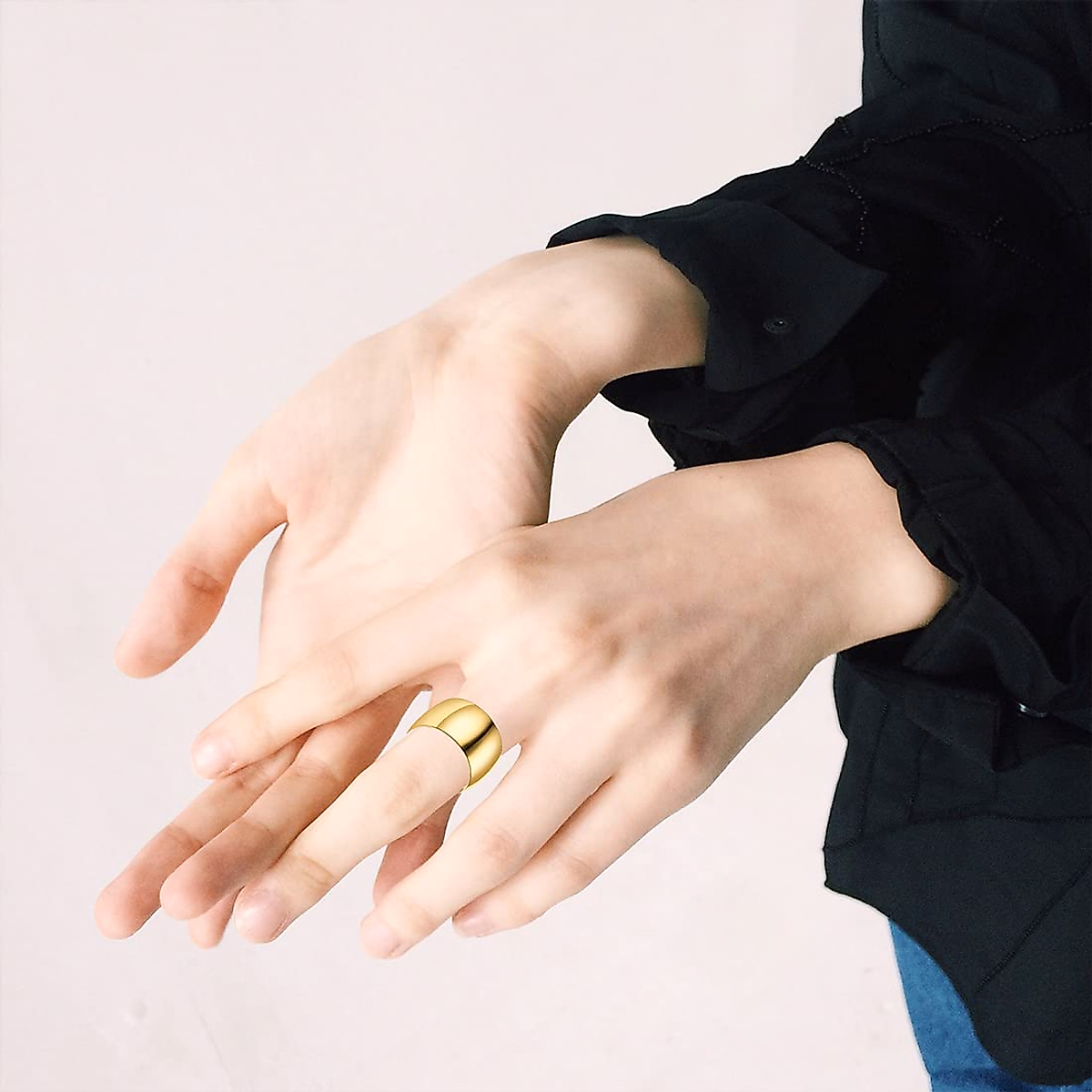 THJEW Full Finger Wide Chunky Band Ring for Women,14K Yellow Gold Classic Shiny Finish Plain Thumb Index Finger Band Ring Jewelry (Ring_E1_12mm, 6)