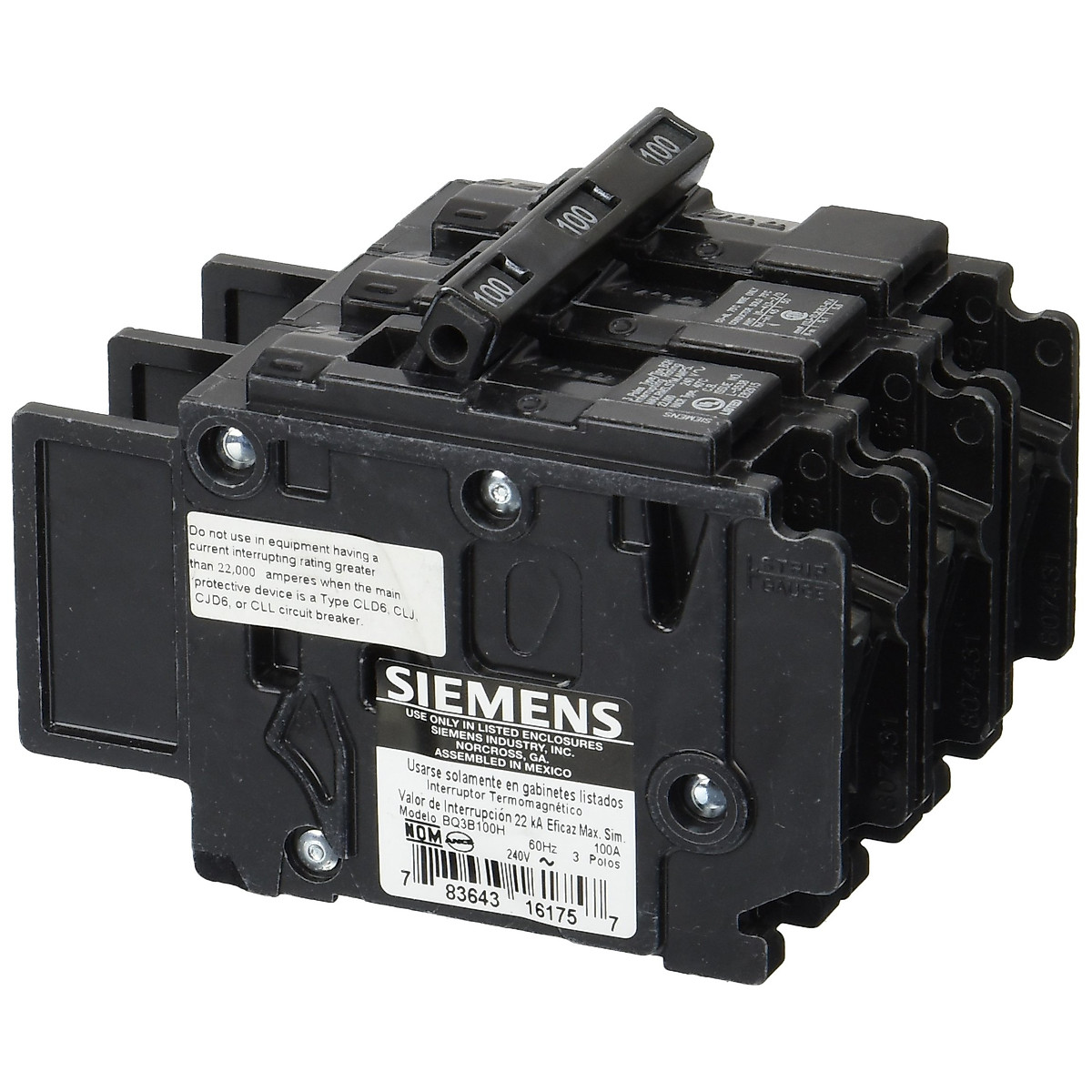 Siemens BQ3B100H 100-Amp Three Pole 240-Volt 22KAIC Lug In/Lug Out Breaker