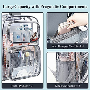 PACKISM Clear Backpack for School - 17" Heavy Duty PVC Transparent Backpacks with Multi-pockets for College Workplace Security, Grey(for age 12 above)