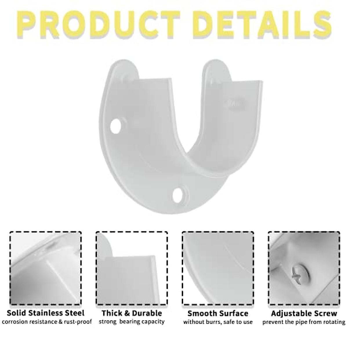 LifCratms 4Pcs Stainless Steel Closet Rod Bracket, 1-1/4" U-Shaped Curtain Flange Rod Holder, Wardrobe Pole End Supports Opening Flange Sockets with Screws (White)