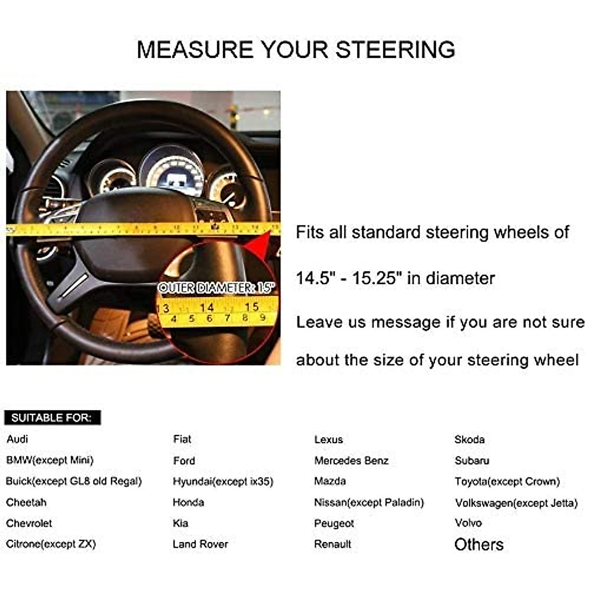 Valleycomfy Steering Wheel Covers Universal 15 inch - Genuine Leather, Breathable, Anti Slip & Odor Free (Black with Black Lines, M(14" 1/2-15" 1/4))