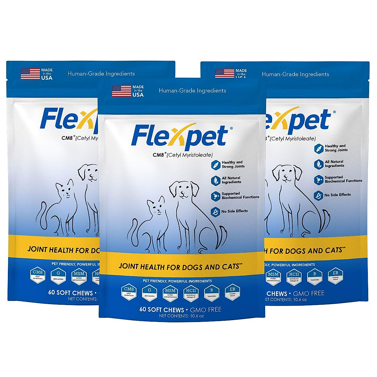 Flexpet Maximum Strength Soft Chews – All-Natural Pain Reliever for Dogs with Glucosamine and Cetyl Myristoleate (CM8), Hip and Joint Supplement, Anti-Inflammatory: Three Pack - 180 Soft Chews