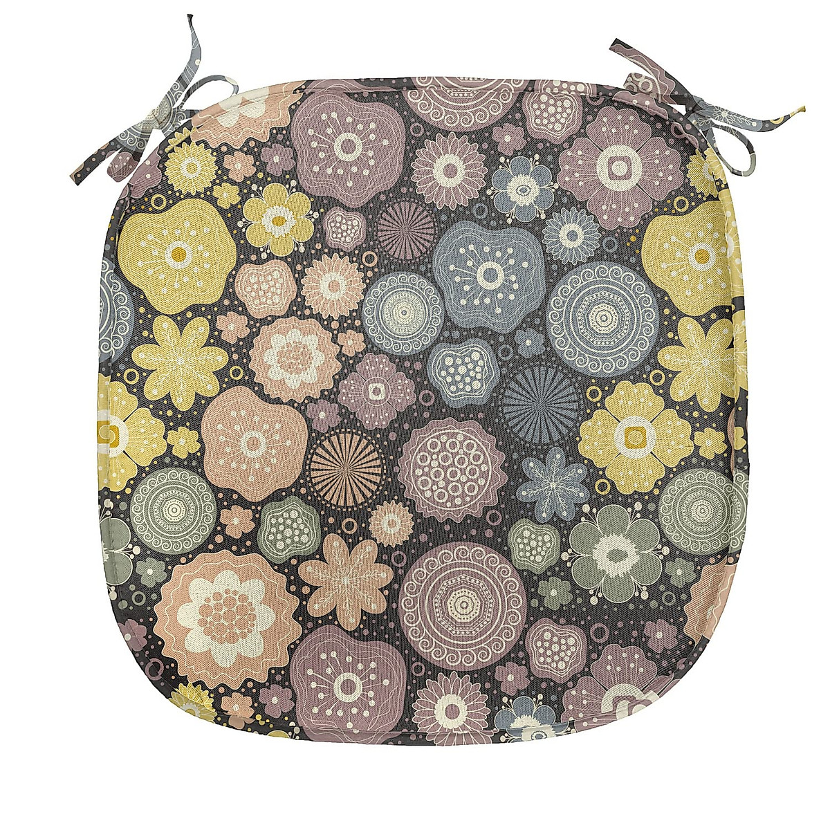 Lunarable Floral Chair Seating Cushion Set of 4, Illustration of Blooming Flowers from Spring Season in Vintage Style, Anti-Slip Seat Padding for Kitchen & Patio, 16"x16", Dark Grey and Multicolor