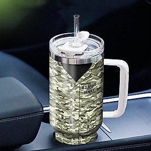 WAZONE Personalized Army Nutrition Facts Tumbler 40oz with Handle and Straw Custom Name Travel Cup Mug Camouflage Pattern Veteran Insulated Stainless Steel Gifts For Veterans Day Military Men