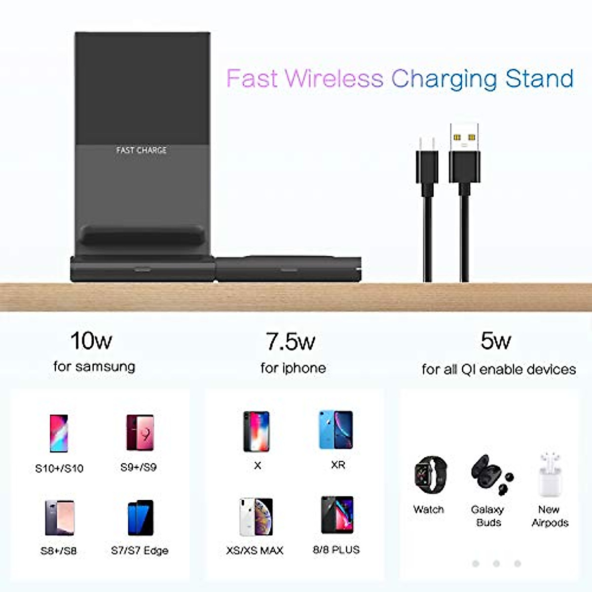 Wireless Charger, Dual Wireless Charger Magnetic 10W Wireless Charging Stand & Dock, Compatible with iPhone XR/XS MAX/XS/X/8/8 Plus/Airpod, Samsung Galaxy S10/S9/S8/S7/Note 9/8, Galaxy Watch