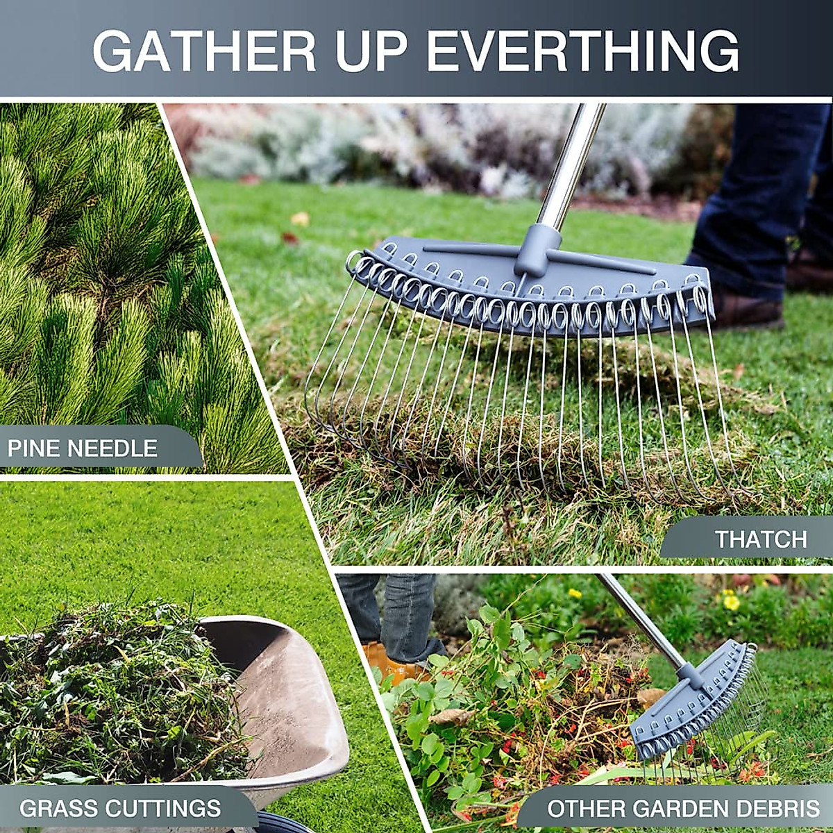 Colwelt Thatch Rake -24 Steel Tines, Dethatching Rake with 54’’ Lightweight Stainless Steel Handle, Yard Dethatcher Rake for Lawn(Pine Needles, Dead Grass, Thatch, Leaves, Mulch)