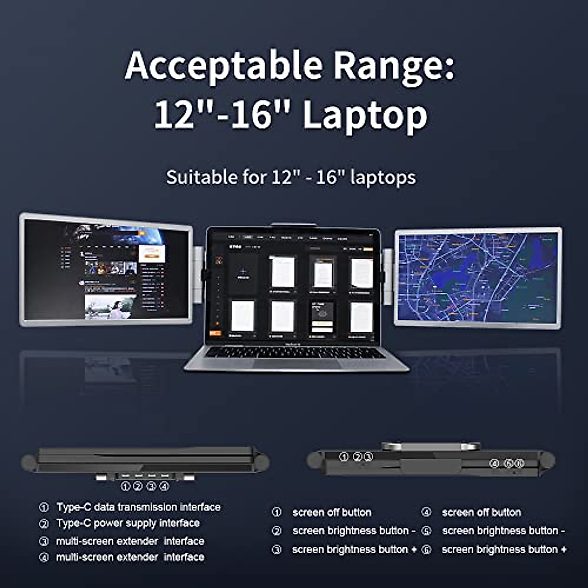 12" Full HD IPS Laptop Screen Extender, Triple Screen Portable Laptop Workstation, Portable Monitor for Laptop Upgrade Dual Screen Laptop Only Needs 1 USB C Cable to Connect to Windows/mac